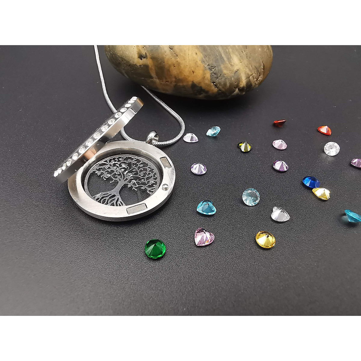 GOKING Family Tree of Life Floating Locket Necklace with 24 Birthstones, 30mm Diy Charms Living Memory Stainless Steel Pendant, Gifts for Mom Grandma Aunt Nieces Daughter Women