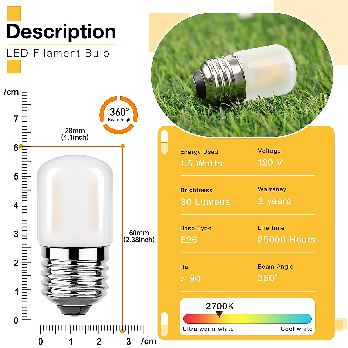 Genixgreen Low Watt Light Bulb, Frosted LED Night Light Bulb 15W Equivalent,T28 1.5 Watt Tiny LED Fridge Bulb Decorative E26 Edison Bulb,Warm White 2700k, CRI 90+, 80LM, Pack of 2