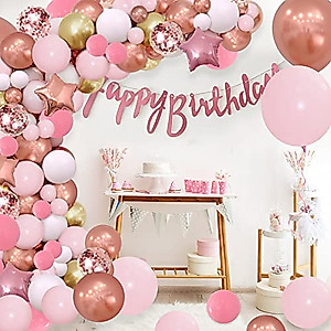 JULLIZ 144Pcs Rose Gold Pink Balloon Garland Arch Kit, Metallic Rose Chrome Gold Balloons for Birthday Wedding Party Bridal Shower Anniversary Decorations with Shiny Star Mylar Balloons