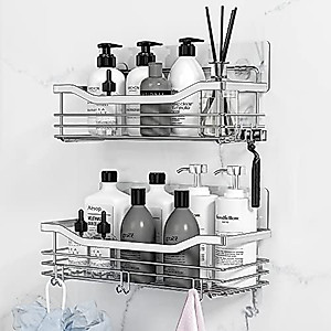 Orimade Shower Caddy Basket Shelf Storage Rack Pack of 2, No Drilling Wall Mounted Adhesive Rust Proof Stainless Steel Shower Organizer with 5 Hooks for Bathroom, Toilet, Kitchen
