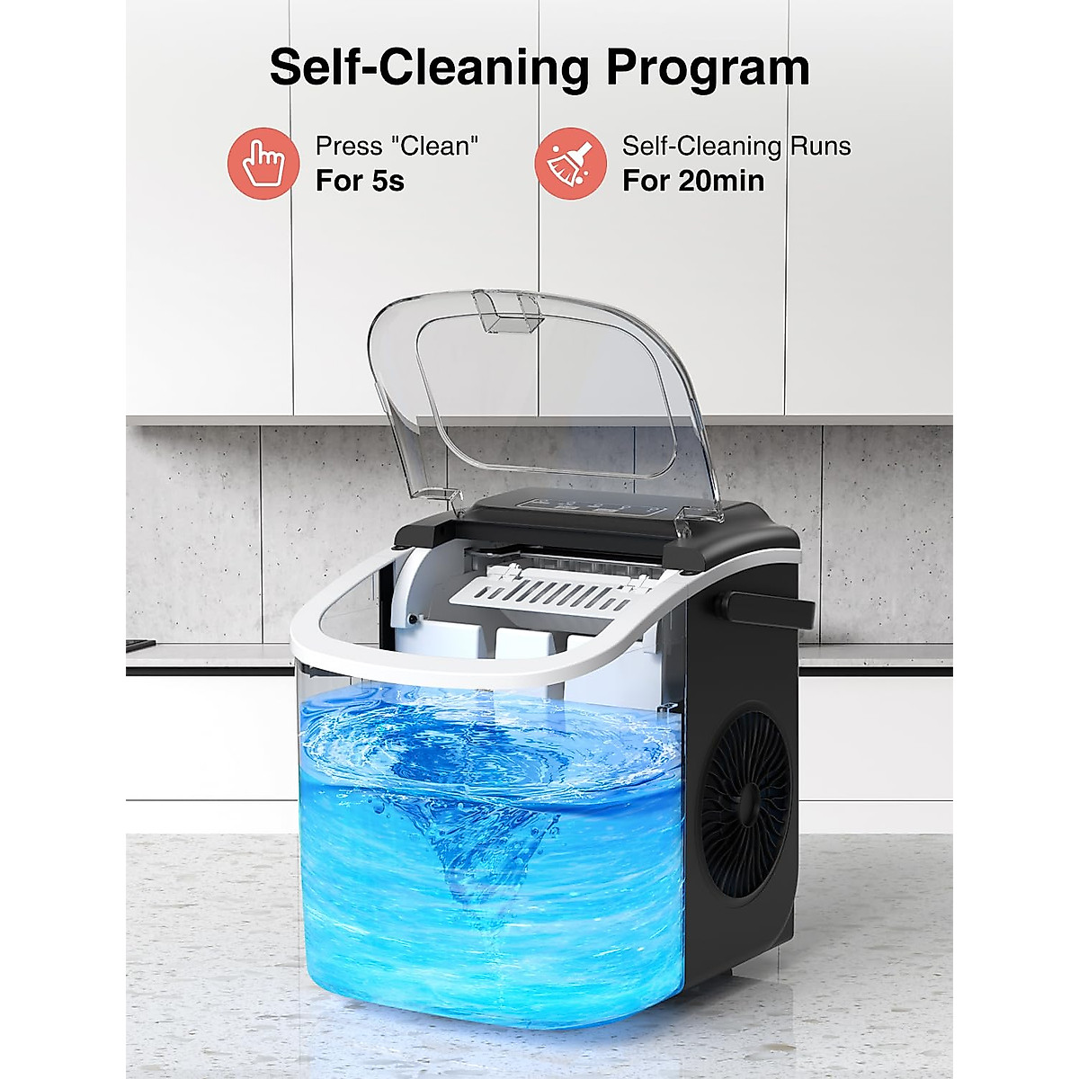 CROWNFUL Ice Maker Countertop, Portable Self-Cleaning Ice Maker Machine with Handle, Scoop and Basket, 9 Bullet Ice Cubes in 6 Mins, 26lbs/24H, Ideal for Home, Kitchen, Office, Bar, Party