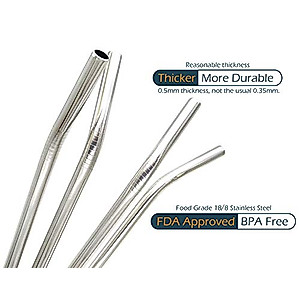 GFDesign Big Drinking Straws Reusable 12 Inches Extra Long 9mm Extra Wide SUS 304 Food-Grade 18/8 Stainless Steel - Set of 4 with 2 Cleaning Brushes - Bent