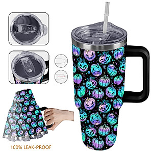 Halloween Tumbler, Spooky Neon Pumpkin Mug Cup Ghost Tumblers with Handle and Straw 40 oz, Halloween Gifts for Friends Family Insulated Water Bottle
