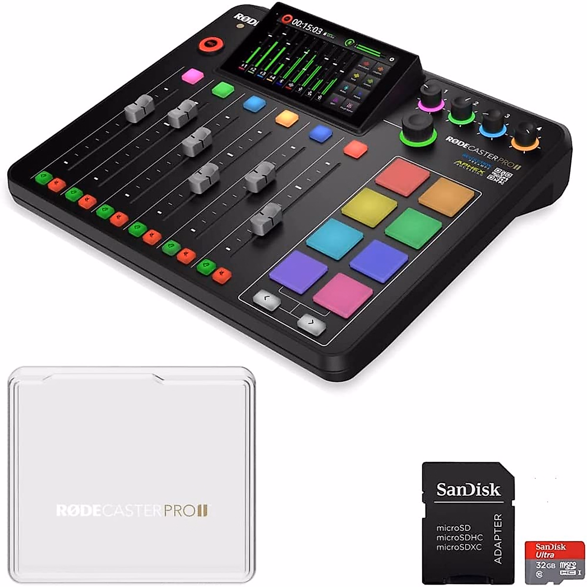 Rode RODECaster Pro II Integrated Audio Production Console Bundle with Rode RODECover II Polycarbonate Cover and 32GB MicroSDHC Memory Cards