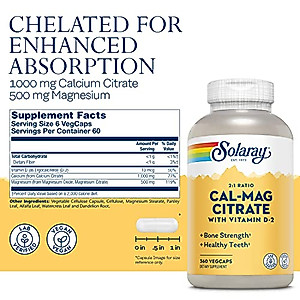 Solaray Calcium Magnesium Citrate 2:1 Ratio with Vitamin D2, Healthy Bone, Muscle & Nerve Support, 60 Serv, 360 VegCaps