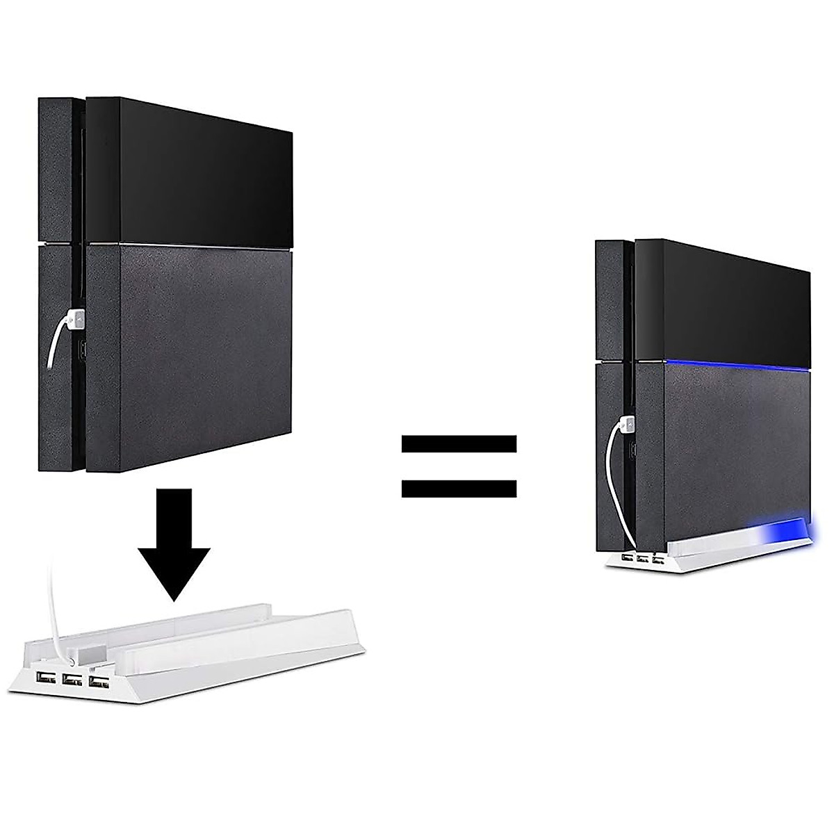 KlsyChry Vertical Stand for PS4 White, Blue Light Base Led PS4 Bracket Mount Holder Stand for PlayStation 4 Console with 3 USB Hub Ports -White