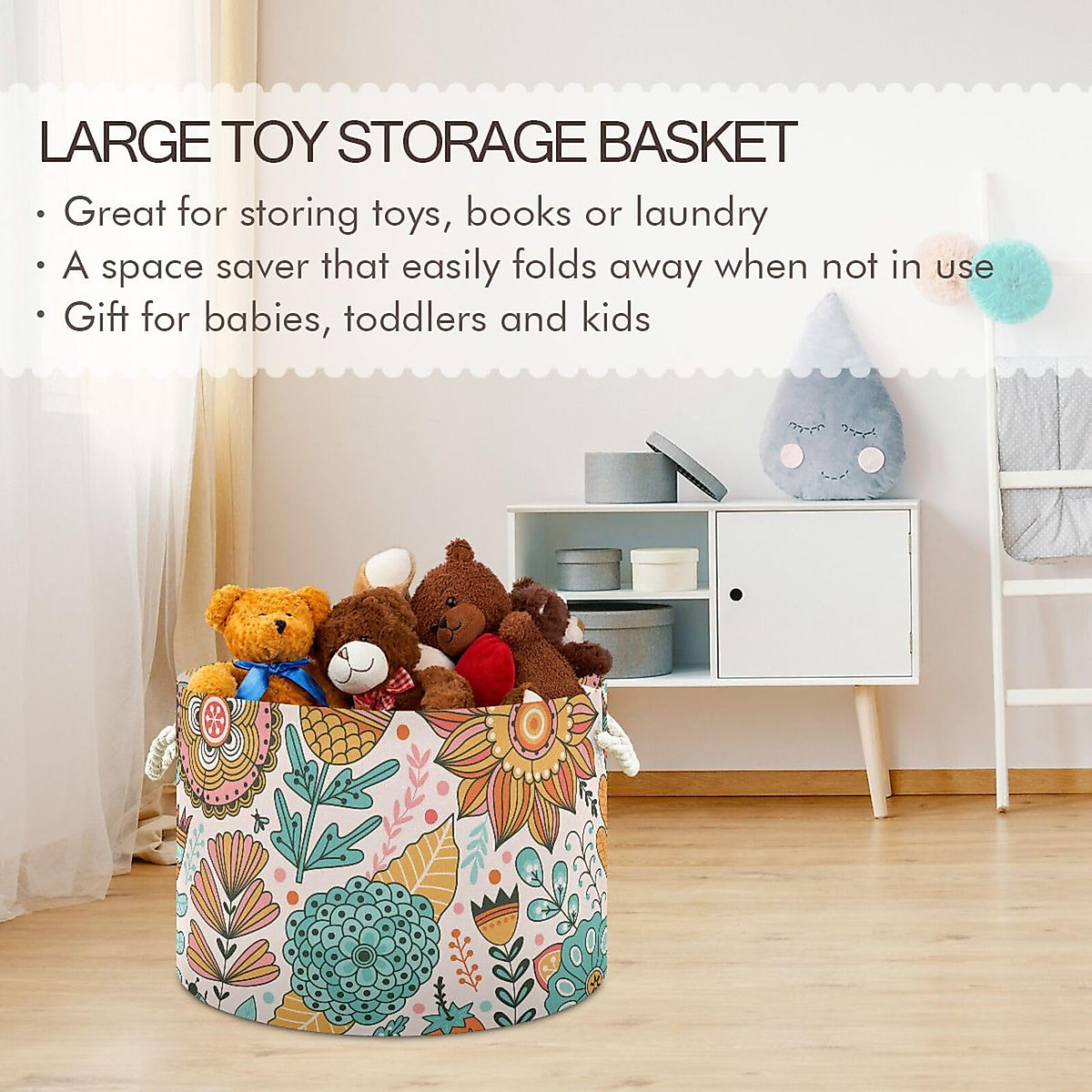 Botanic Texture Detailed Flowers Collapsable Foldable Storage Baskets Round Kids Linen Dirty Clothes Hamper