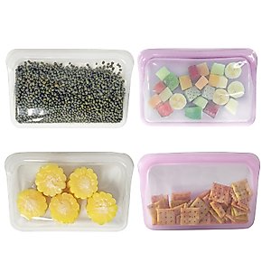 KVK Platinum Reusable Silicone Bags - 4 Pack Flat Silicone Snack Bags - Double Lock Leakproof Silicone Food Storage Bags Oven Freezer Dishwasher Safe - Clear&Lavender