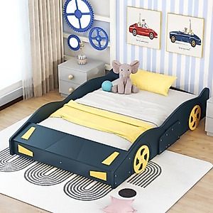 Acosure Full Size Race Car-Shaped Platform Bed with Wheels,Wooden Car Bedframe W/Storage Space,No Box Spring Required,for Boys Toddlers Kids Child's Bedroom,Dark Blue+Yellow