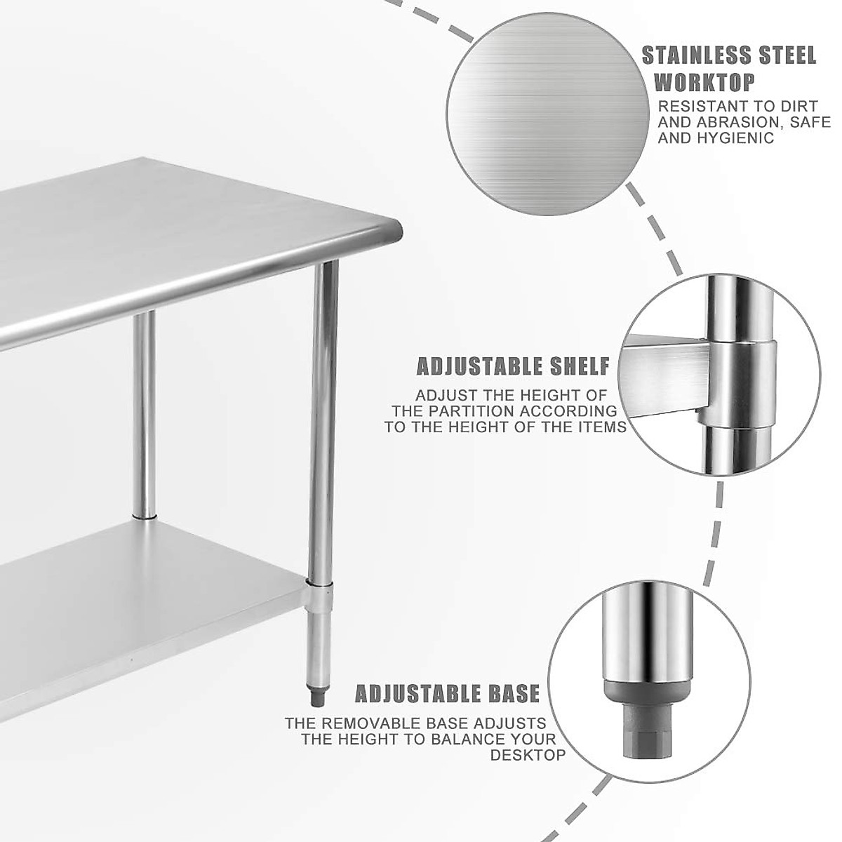 Kitchen Work Table NSF Certification Commercial Stainless Steel Prep Table W/Adjustable Foot Galvanized Base Shelf (24" x 48")