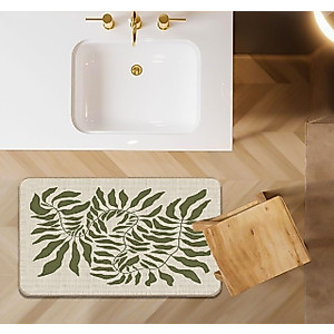 Lacosu Boho Door Mat,Summer Olive Green Botanical Leaf Front Door Mat Indoor Outdoor Entrance,Summer Boho Botanical Decor,Mid Century Modern Decor,17"X30"