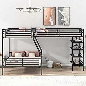 Twin Over Full Bunk Bed and Twin Size Loft Bed with Four Built-in Shelves, Metal L-Shaped Bunk Bed Frame with Guardrails and Ladders, Corner Beds for Kids Teens Boys Girls Bedroom Furniture (Black-L1)