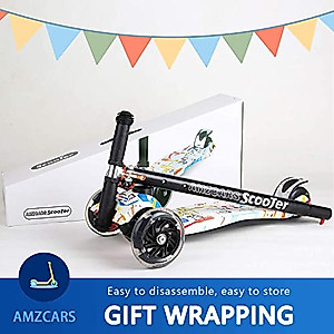 AMZCARS Kick Scooter for Kids, 3 Wheels Toddlers Scooter for 6 Years Old Boys Girls Learn to Steer, Kids Scooter 4 Adjustable Height, Extra-Wide Deck, Flashing Wheel Lights for Children Gifts