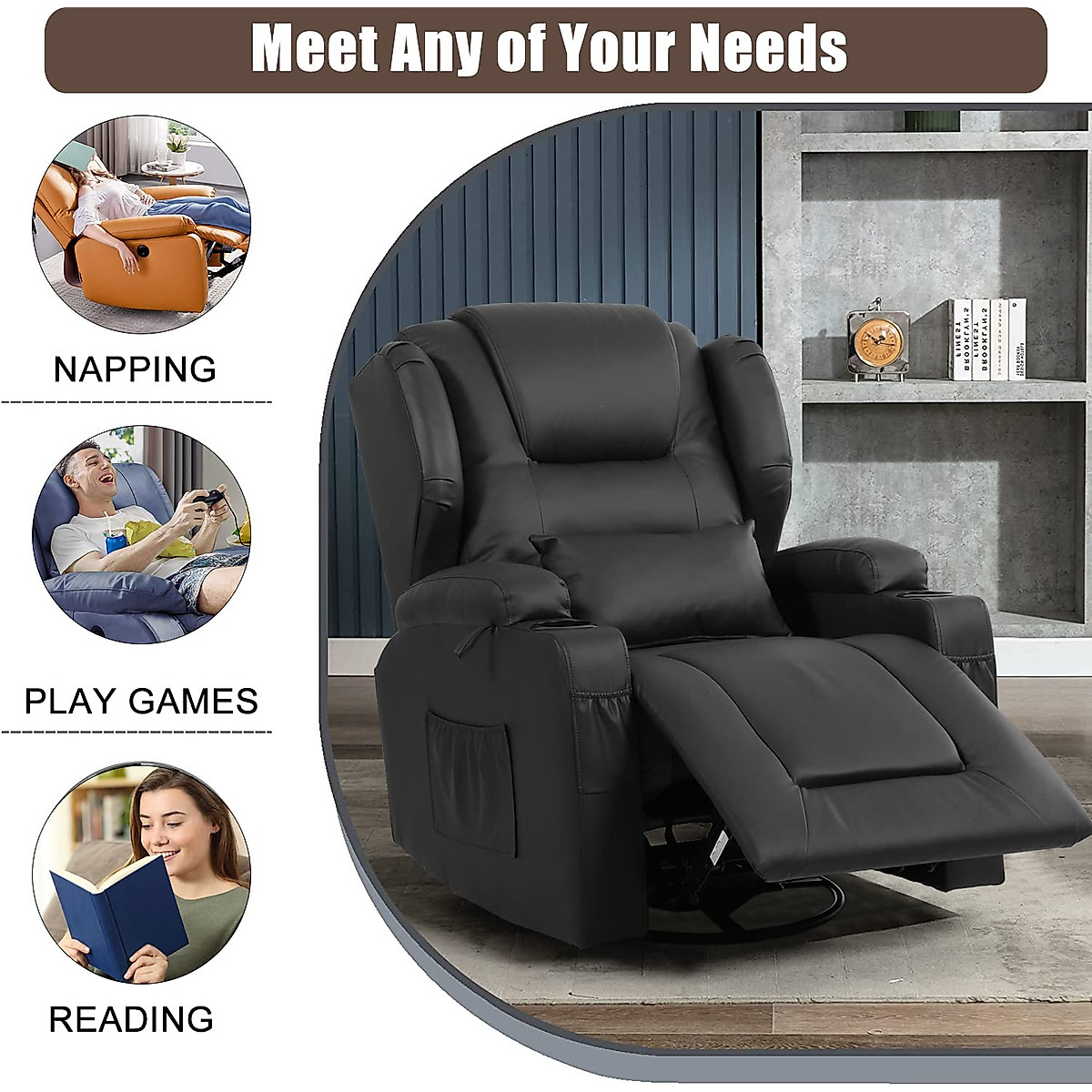 VUYUYU Manual Recliner Chair, Faux Leather 360 Degree Swivel Rocker Recliner Chairs for Living Room, Home Theater Single Sofa Seat with Drink Holders/Lumbar Pillow/Side Pockets (Black Set of 2)