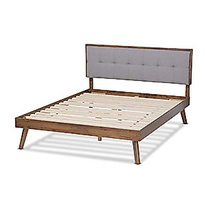 Baxton Studio Alke Mid-Century Modern Light Grey Fabric Upholstered Walnut Brown Finished Wood King Size Platform Bed