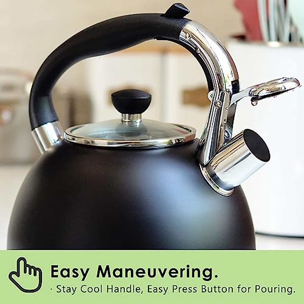 Rorence Stainless Steel Whistling Tea Kettle: 3.5 Quart Tea Pot with Capsule Bottom & Glass Lid for Stovetop - Black