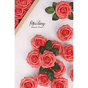 MACTING 30PCS Artificial Rose Flowers Real Touch Coral Red Flowers with Stem Fake Roses for DIY Wedding Bouquet Table Centerpieces Party Holiday Baby Shower Home Spring Decorations