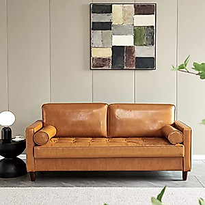 Harper & Bright Designs PU Leather Living Room Sofa, Mid-Century Upholstered 3-Seat Sofa Couch with 2 Pillows,Hidden Storage Space and Button Tufted Seat for Home or Office (3 Seat, Brown)