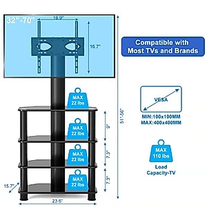 YOMT Floor TV Stand with 4 Tier Media Stand Audio Video Rack Tower for Entertainment Stereo Component, Tall TV Stand with Swivel Mount for 32-70 inch TV, Perfect for Corner and Small Spaces