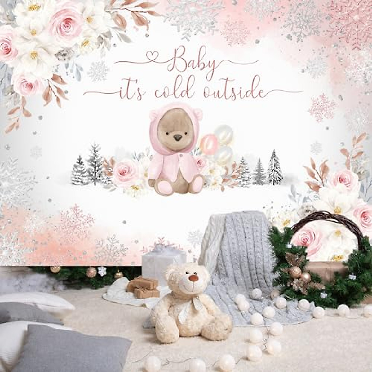 Avezano Winter Bear Baby Shower Backdrop for Girls Baby It's Cold Outside Party Decorations Photography Background We can Bearly Wait Pink Snowflakes Baby Shower Photoshoot (7x5ft)