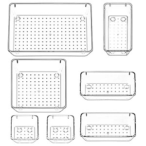 Puricon 7 Pcs Desk Drawer Organizers Trays Set Clear Plastic Storage Bins Bathroom Drawer Tray Dividers Vanity Trays Organizer for Bedroom Dresser Makeup Kitchen Utensil Office