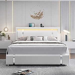 Queen Bed Frame with RGB LED Lights Headboard & 2 Storage Drawers, Modern Upholstered Faux Leather Smart Platform Bed with Iron Metal Decor, USB & USB-C Charging Ports, No Box Spring Needed, White