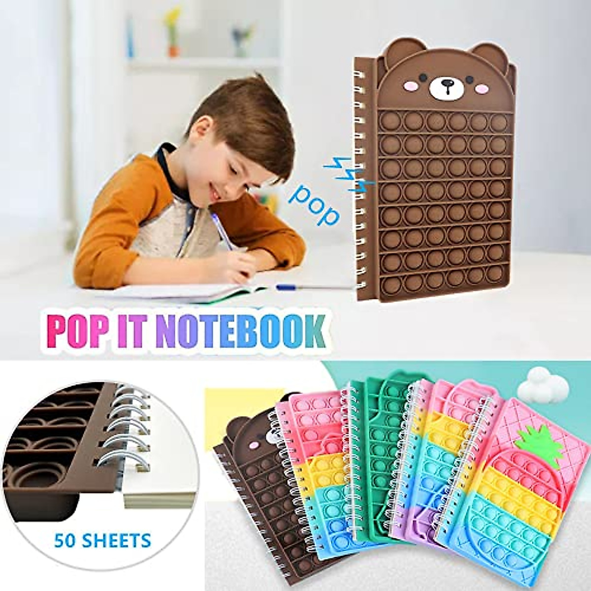 7iper Pop Notebook, Push bubble Spiral Notebooks Fidget Toys, Cute Composition Notebooks, College Ruled Notebooks, Protable for School Office Gifts (A5 Bear)