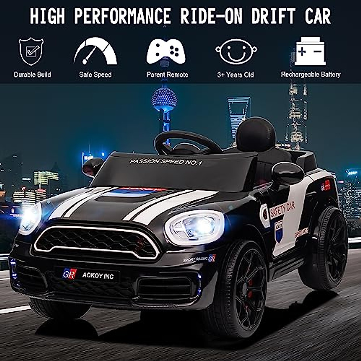 12V Electric Drift Kart, Go Kart for Kids 3+, Battery Powered Ride On Car with Remote Control, Go Carts Drifting Toy Vehicle with Built-in Music, Lockable Doors, Black