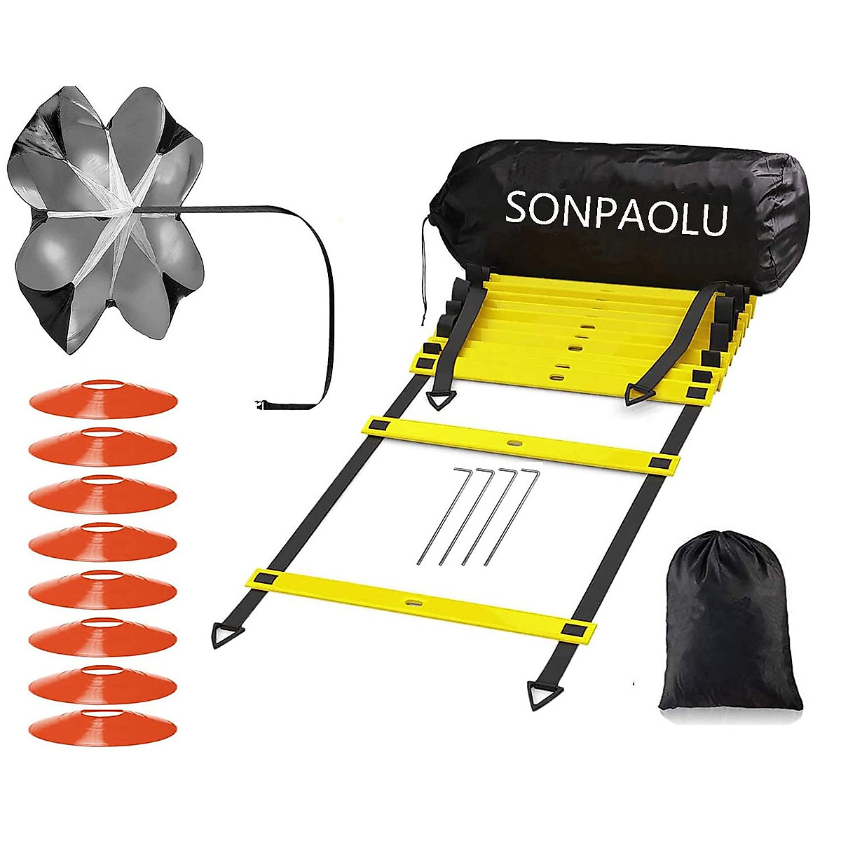 SONPAOLU Agility Ladder & Speed Cones Training Set , for Speed Agility Training & Quick Footwork Exercise -Includes Agility Ladder with Carrying Bag, , 4 Pegs,Resistance Parachute & 8 Sports Cones.