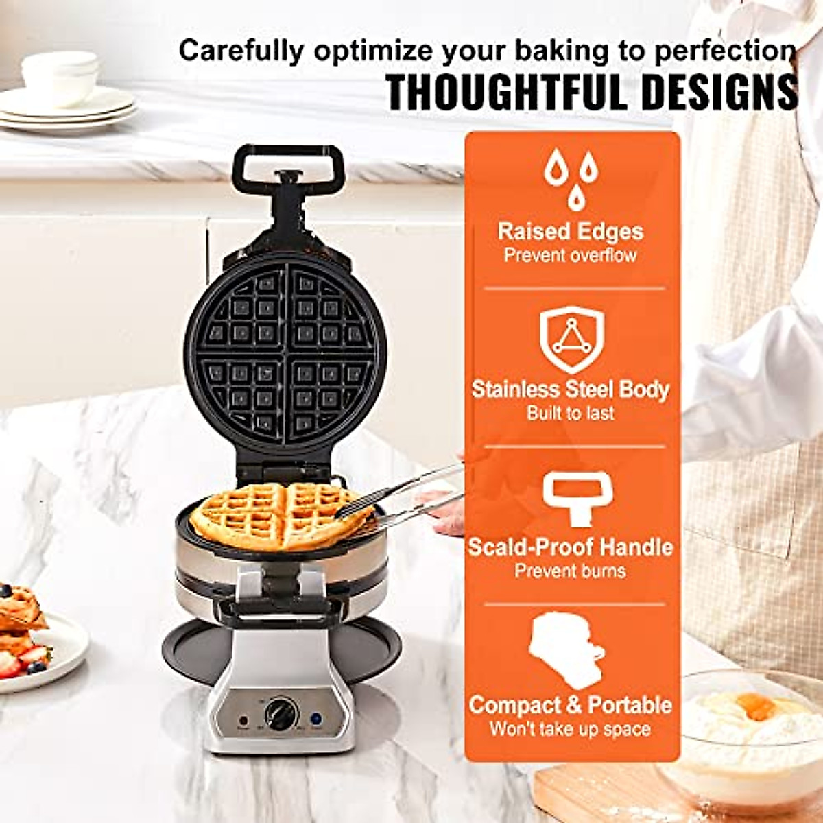 VEVOR 2-Layer Waffle Maker, 1400W Round Waffle Iron, Non-Stick Waffle Baker Machine with Browning Control, 180° Rotable Belgian Waffle Maker, Teflon-Coated Baking Pans, Stainless Steel Body, 120V