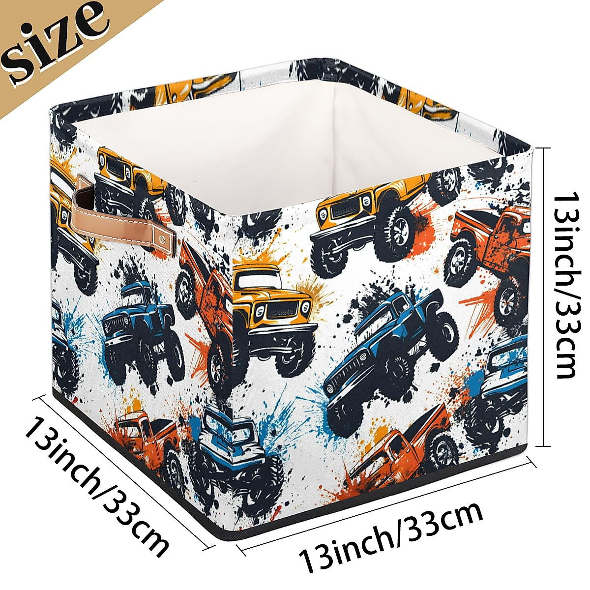 Tablerazzi Monster Truck Car Cube Storage Bin, 13 Inch Collapsible Fabric Storage Cube Bin, Foldable Cube Baskets for Shelf, Closet, Organizer