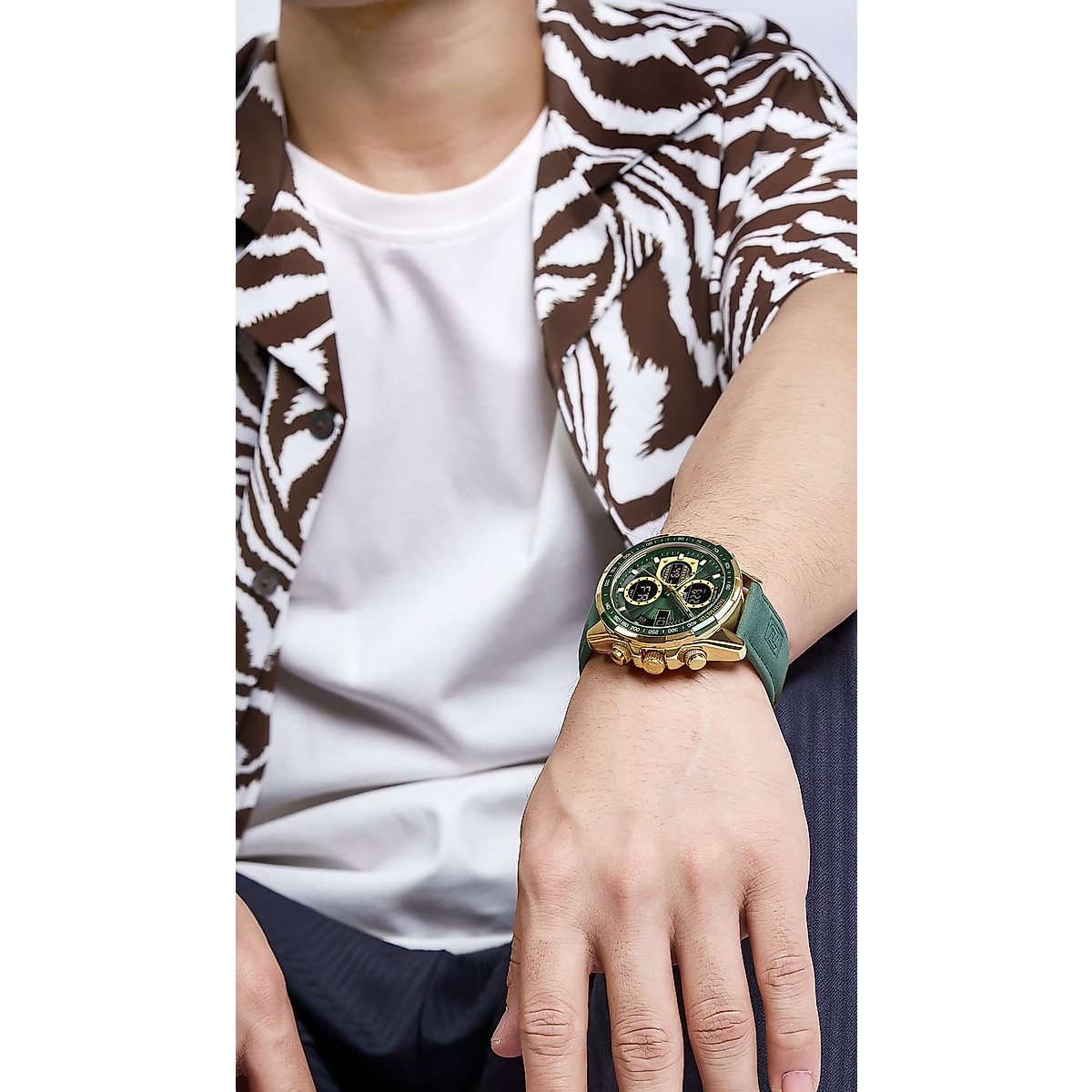 NAVIFORCE Men's Military Digital Watches Analog Quartz Waterproof Watch Sport Multifunctional Leather Wristwatch