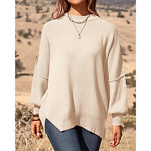 PRETTYGARDEN Women's Oversized Sweater 2024 Casual Fall Crewneck Long Sleeve Loose Side Slit Ribbed Knit Pullover Tops(Solid Beige,Medium)