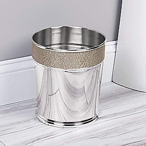 mDesign Decorative Round Small Trash Can Wastebasket, Garbage Container Bin for Bathrooms, Powder Rooms, Kitchens, Home Offices - Polished Stainless Steel with Woven Metallic Textured Accent
