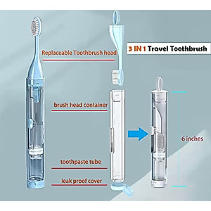 prony 5 in 1 Portable Travel Toothbrushes with Built-in Refillable Toothpaste Tube, Built-in Toothbrush Case, Extra Soft Bristles and 2 Additional Replaceable Toothbrush Heads, Travel Size Toiletries