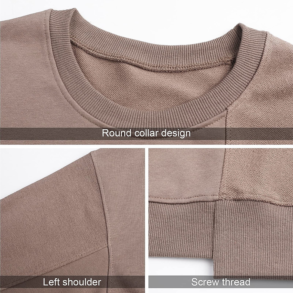 Surenow Mens Patchwork Crewneck Sweatshirt Long-Sleeve Lightweight Terry Sweatshirt Casual Workout Pullover Shirt Tops Khaki