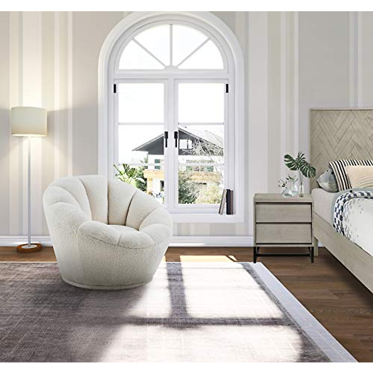 Meridian Furniture Dream Collection Modern | Contemporary Faux Sheepskin Fur Swivel Accent Chair, 34" W x 32.5" D x 25" H, White