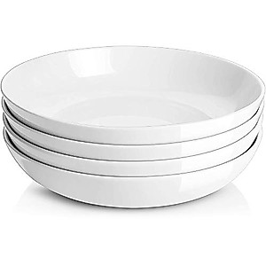 DOWAN 9.75" Large Pasta Bowls, Ceramic Salad Bowls 50 Ounce, Shallow Pasta Bowls Set of 4, Serving Bowls and Plates Set, Microwave and Dishwasher Safe, White