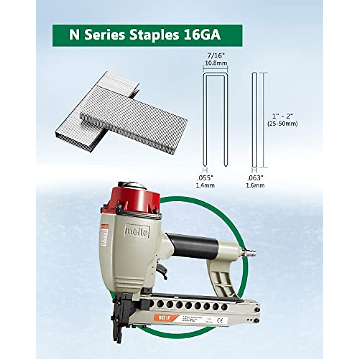 meite N851F Upholstery Stapler 16 Gauge 7/16-Inch Crown 1-Inch to 2-Inch Length Continuous Firing Stapler Pneumatic Heavy Wire Stapler Construction Stapler