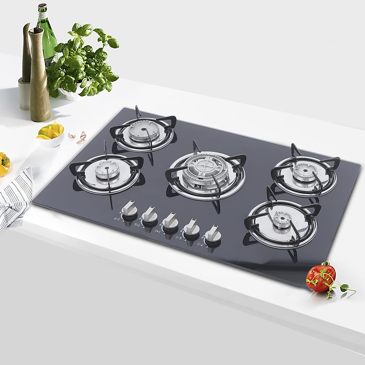 Gas Cooktop,30 Inch 5 Burners Gas Stove Gas Hob Stovetop Tempered Glass Cooktop Cast Iron Grates Built-in Gas Stove Top Gas Cooktop Thermocouple Protection