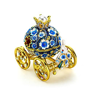 YU FENG 3'' Hand Painted Enamel Pumpkin Carriage Trinket Box With Bunny Flowers Hinged Jewelry Organizer with Crystals Ring Earrings Storage Home Decor Figurine Keepsake Collectible