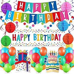 Happy Birthday Decorations Kit: Happy Birthday Banner,Birthday Dots Design Plastic Backdrop, Circle Confetti Garland, Swirl Streamers, Honeycomb Balls & Party Balloons - Table Centerpiece Set