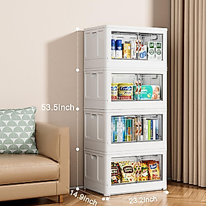 Karramlili Stackable Storage Bins With Lids and Doors 4Pack, 20Gal Collapsible Plastic Closet Organizers and Storage, Large Size Folding Storage Box Containers With Wheels for Home Kitchen Office