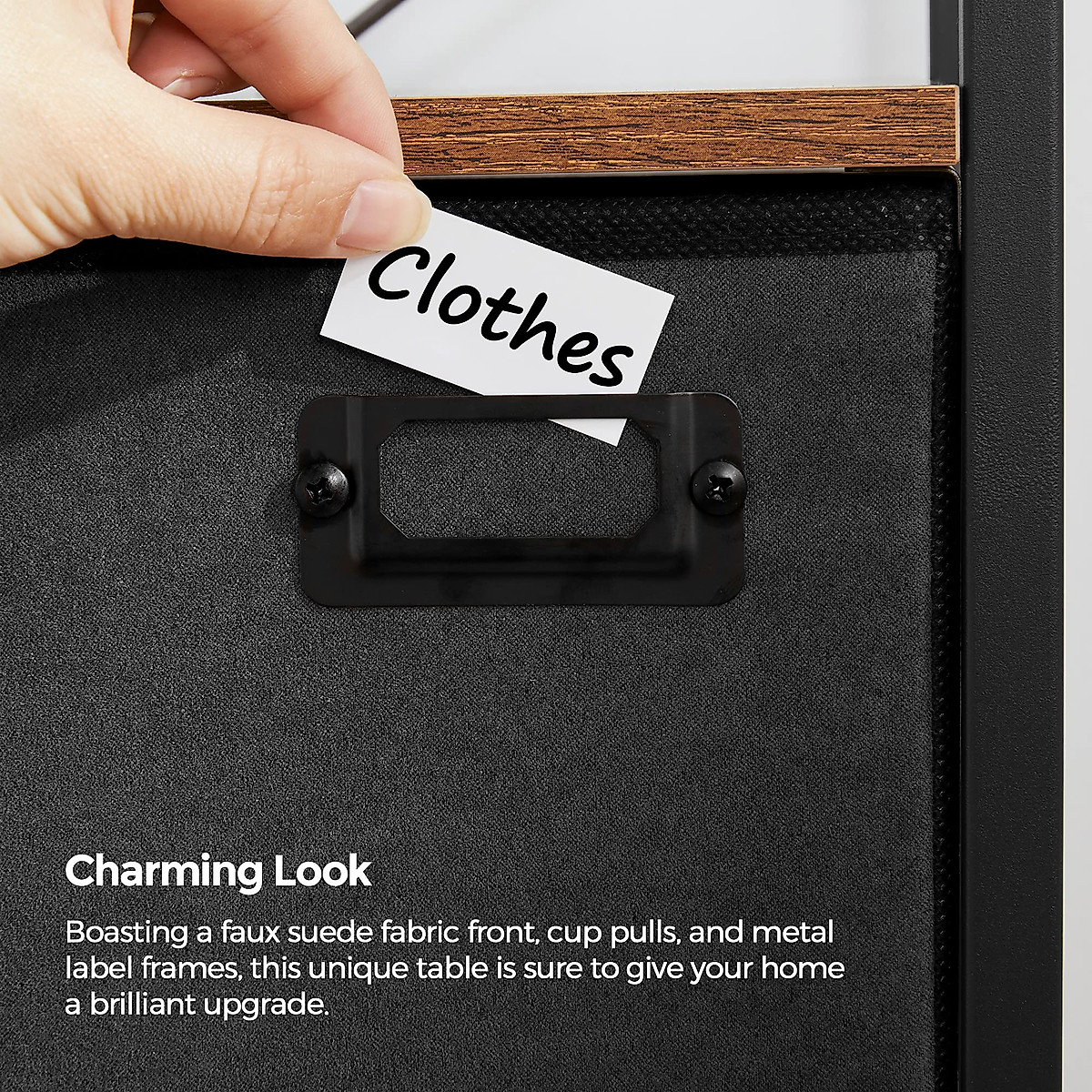 SONGMICS Nightstand, Industrial Bedside Table with 2 Fabric Drawers, Storage Shelves, Vertical Dresser Storage Tower with Wooden Top, Metal Frame, Labels, Rustic Brown and Black ULVT03H