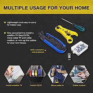 KOTTO Coax Cable Crimper Kit, Compression Tool Coax Adjustable RG6 RG59 RG11 75-5 75-7 Coaxial Cable Stripper with 20 PCS F Compression Connectors