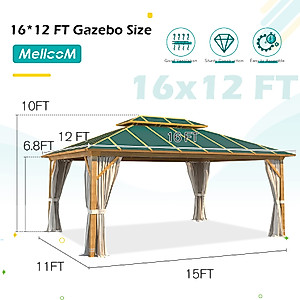 MELLCOM 12' x 16' Hardtop Gazebo, Wooden Grain Coated Aluminum Frame Outdoor Gazebo with Aluminum Double Roof, Claret Metal Gazebo with Curtains and Nettings for Patios, Gardens, Lawns