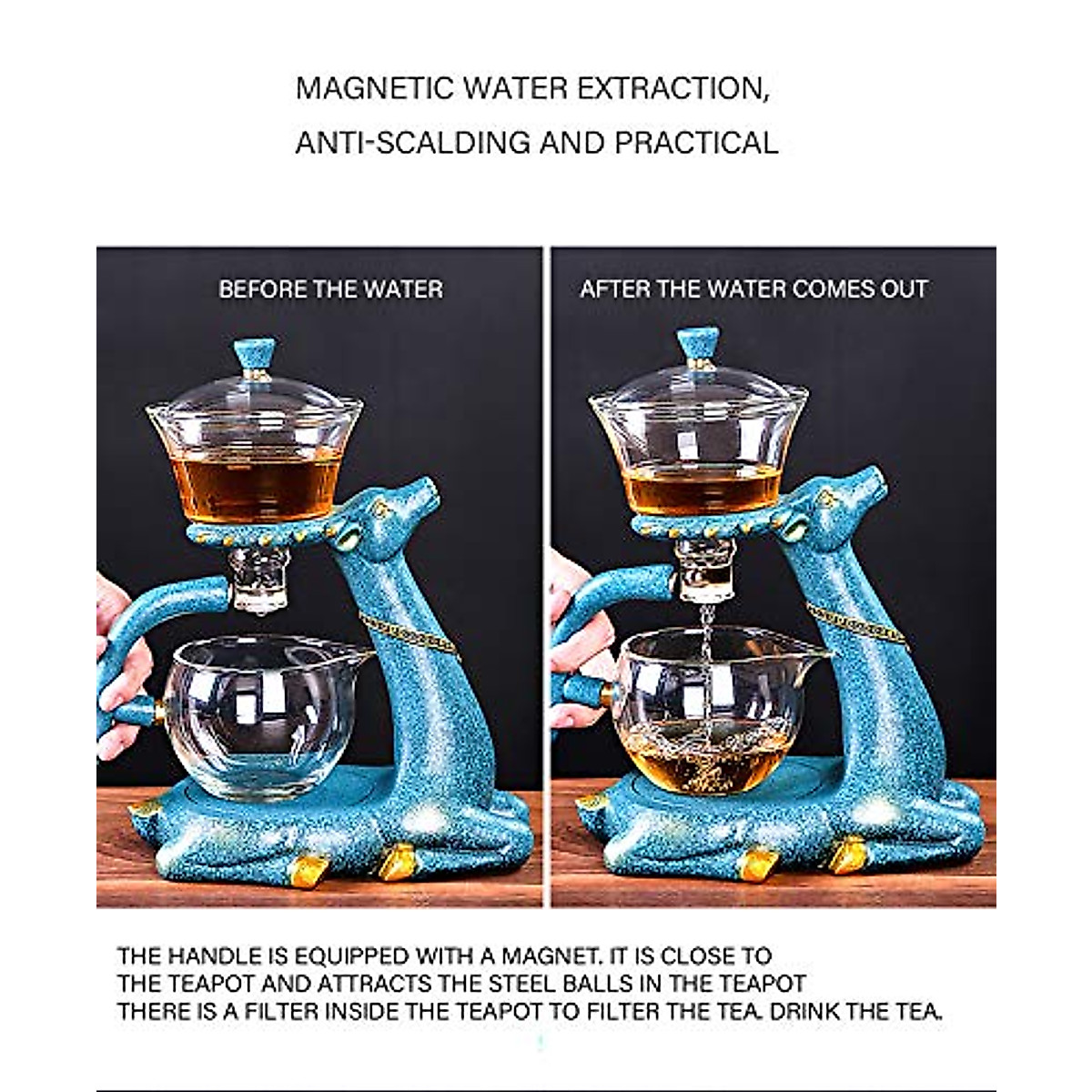 FKJYUF Automatic tea set Automatic tea maker Heat-resistant glass Kung Fu tea set Deer tea set Accompanied by a deer Teapot Coffee Juice cup Cup tea set、tea sets for women、tea sets, BLACK-MSTZ-M-001