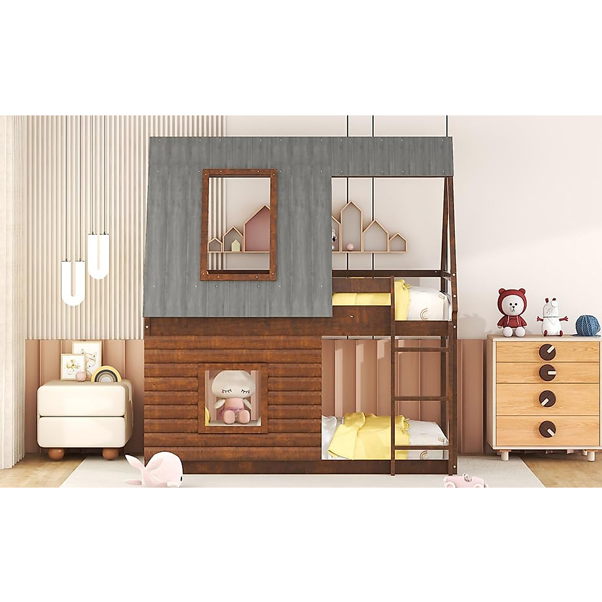 Merax Twin Over Twin Bunk Bed Wood Frame with Roof, Ladder and 2 Windows for Kids Teens Girls Boys，Oak & Smoky Grey