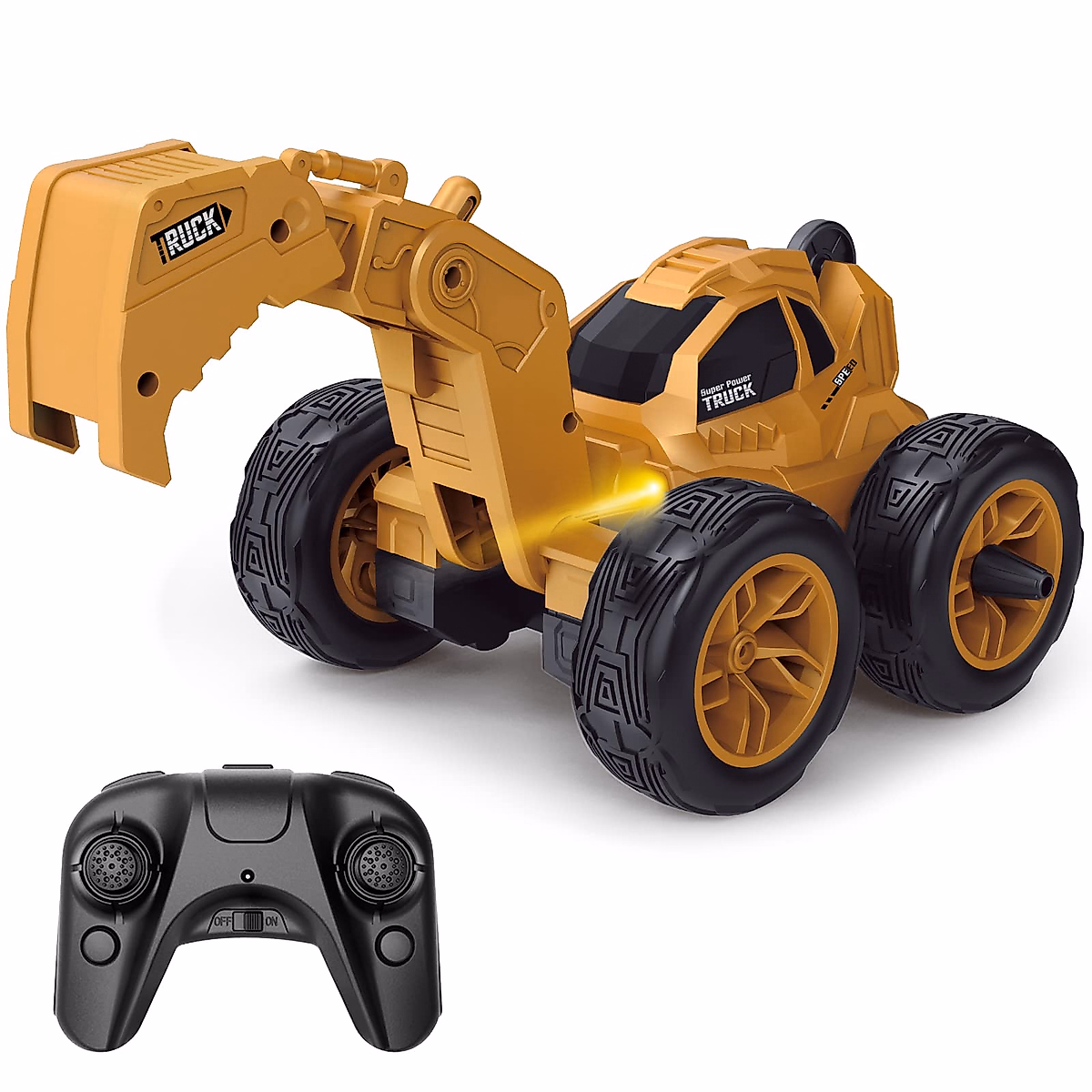 Dawdix Remote Control Excavator Toy Truck, Rotate 360 degrees Excavator Construction Vehicles with LED Light, 2 Rechargeable Batteries, Ideal Gift for Kids
