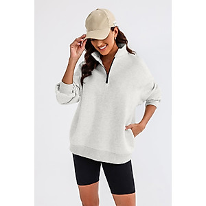BLENCOT Women Half Zip Oversized Sweatshirts Long Sleeve Solid Color Drop Shoulder Fleece Workout Pullover Gray L